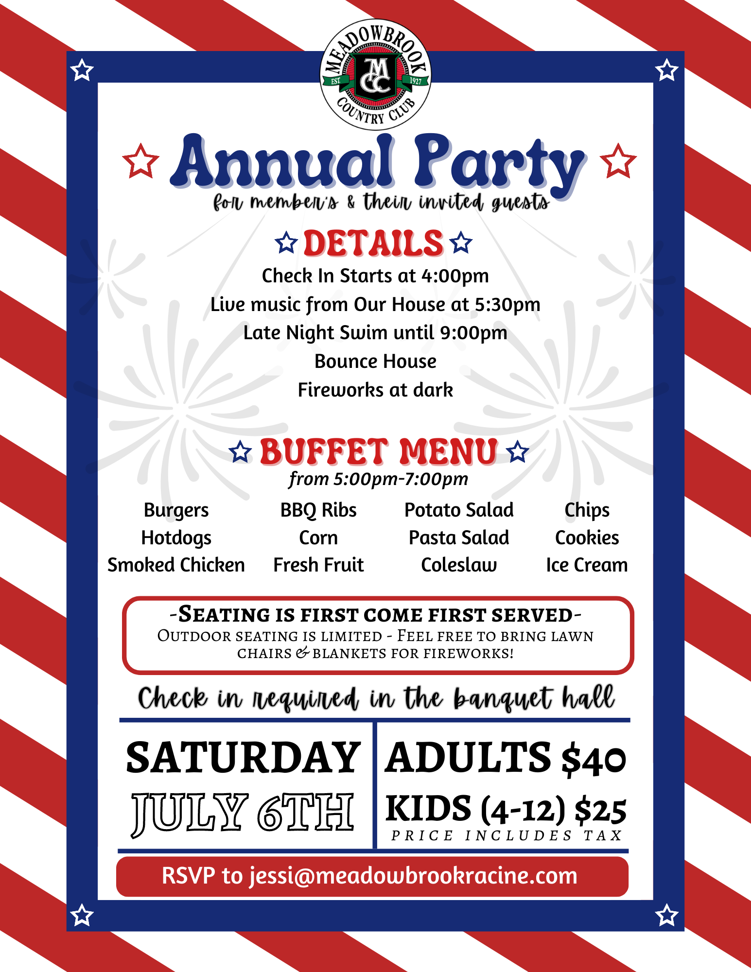 4th of July Party - Saturday July 6th - Meadowbrook Country Club